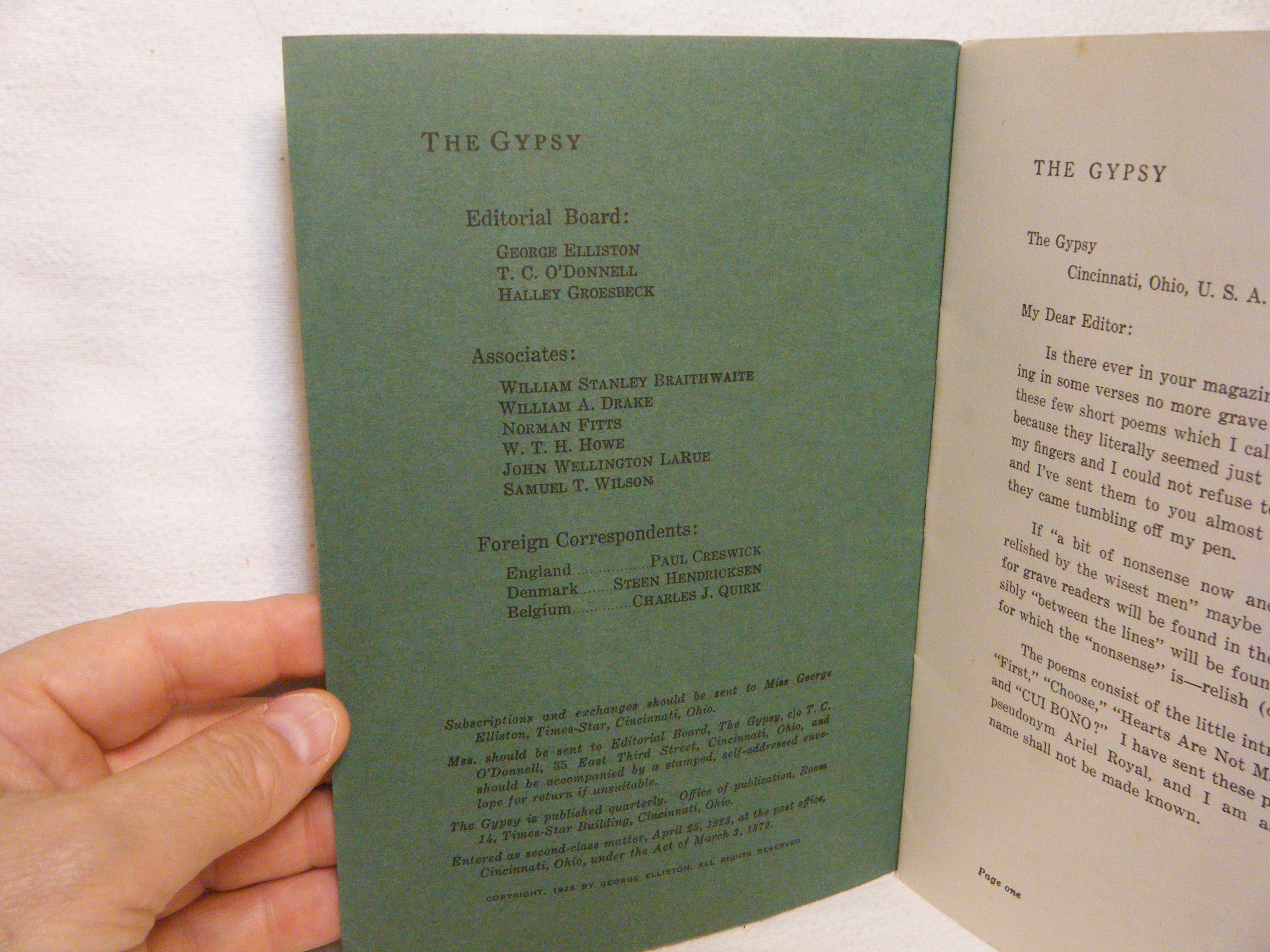 The Gypsy: Cincinnati all Poetry Magazine. Winter Issue December, 1926 ...