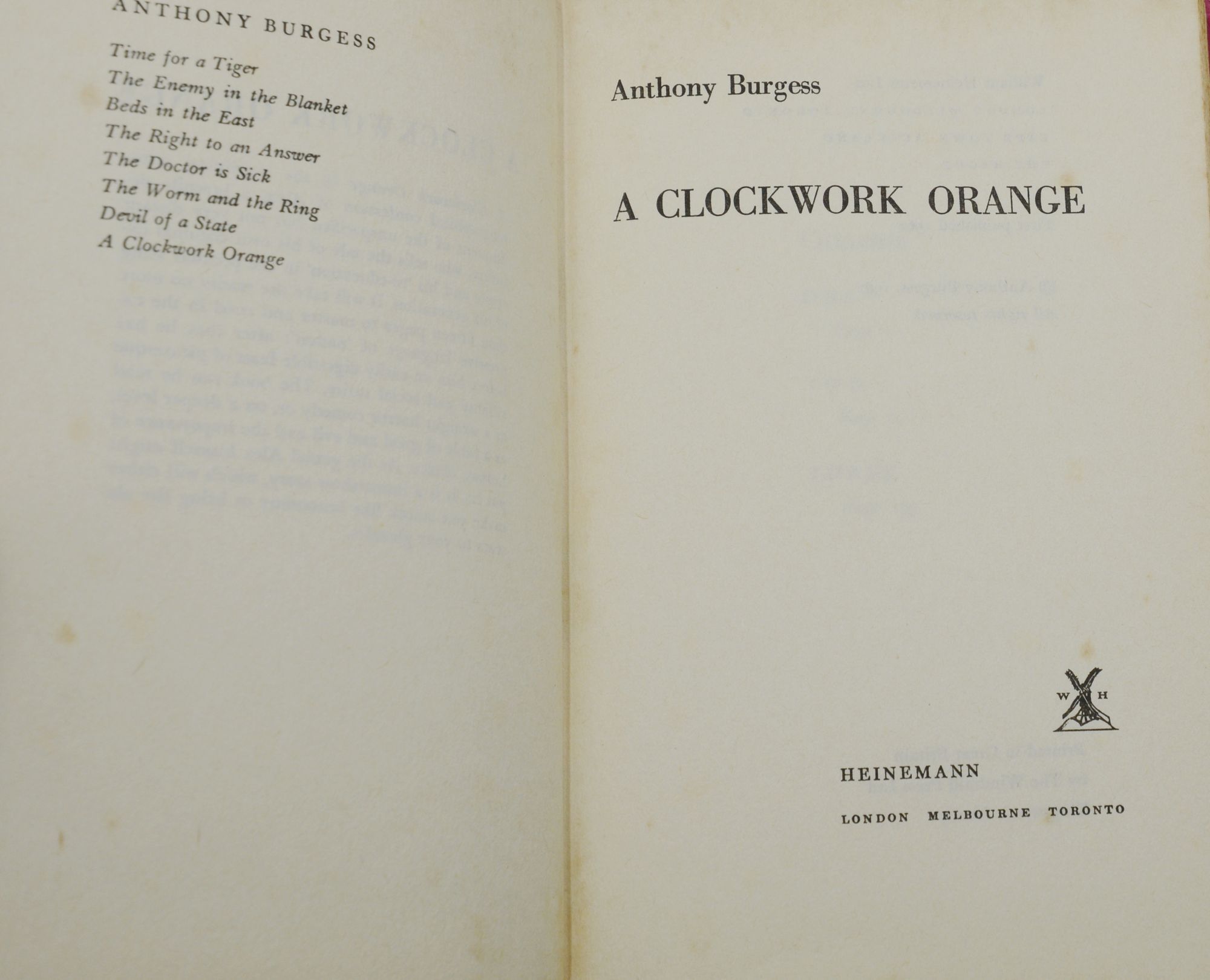 A Clockwork Orange by Burgess, Anthony | 1962 | William Heinemann Ltd ...