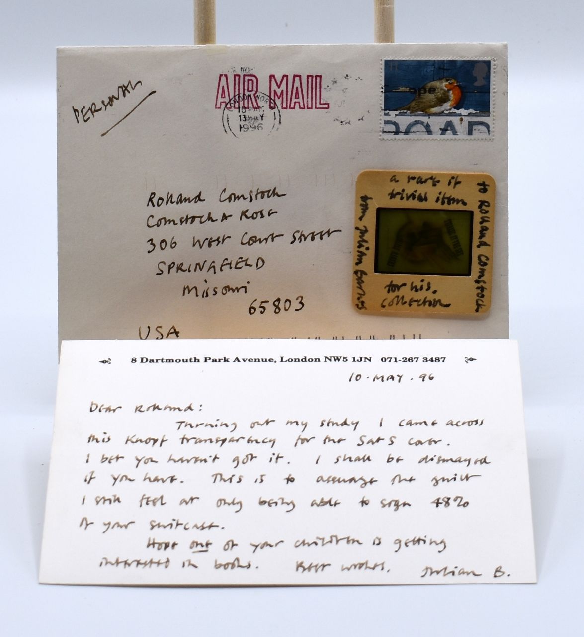 AUTOGRAPH NOTE SIGNED BY JULIAN BARNES TO ROLLAND COMSTOCK; With ...