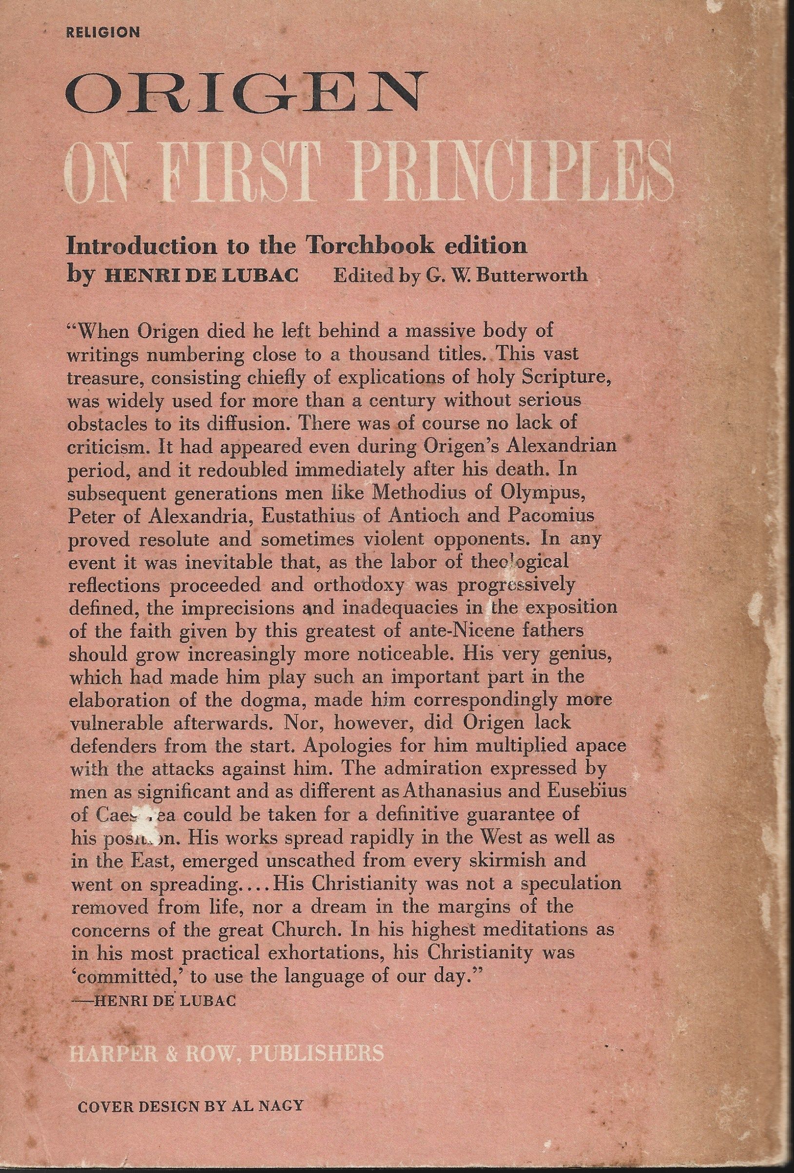 Origen On First Principles by Translated by G. W. Butterworth ...