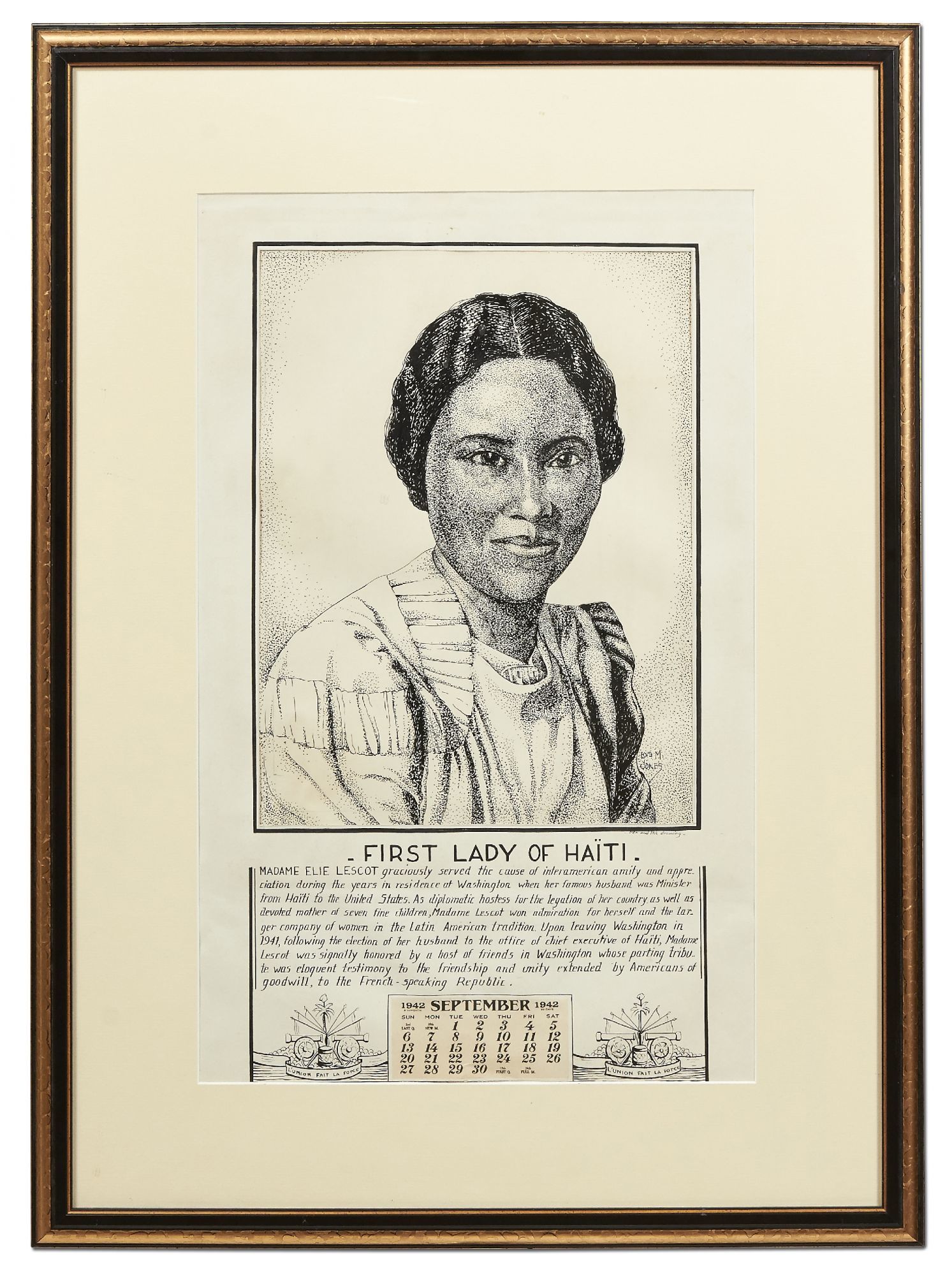 [Original Pen and Ink Drawing]: First Lady of Haiti [Madame Elie Lescot ...