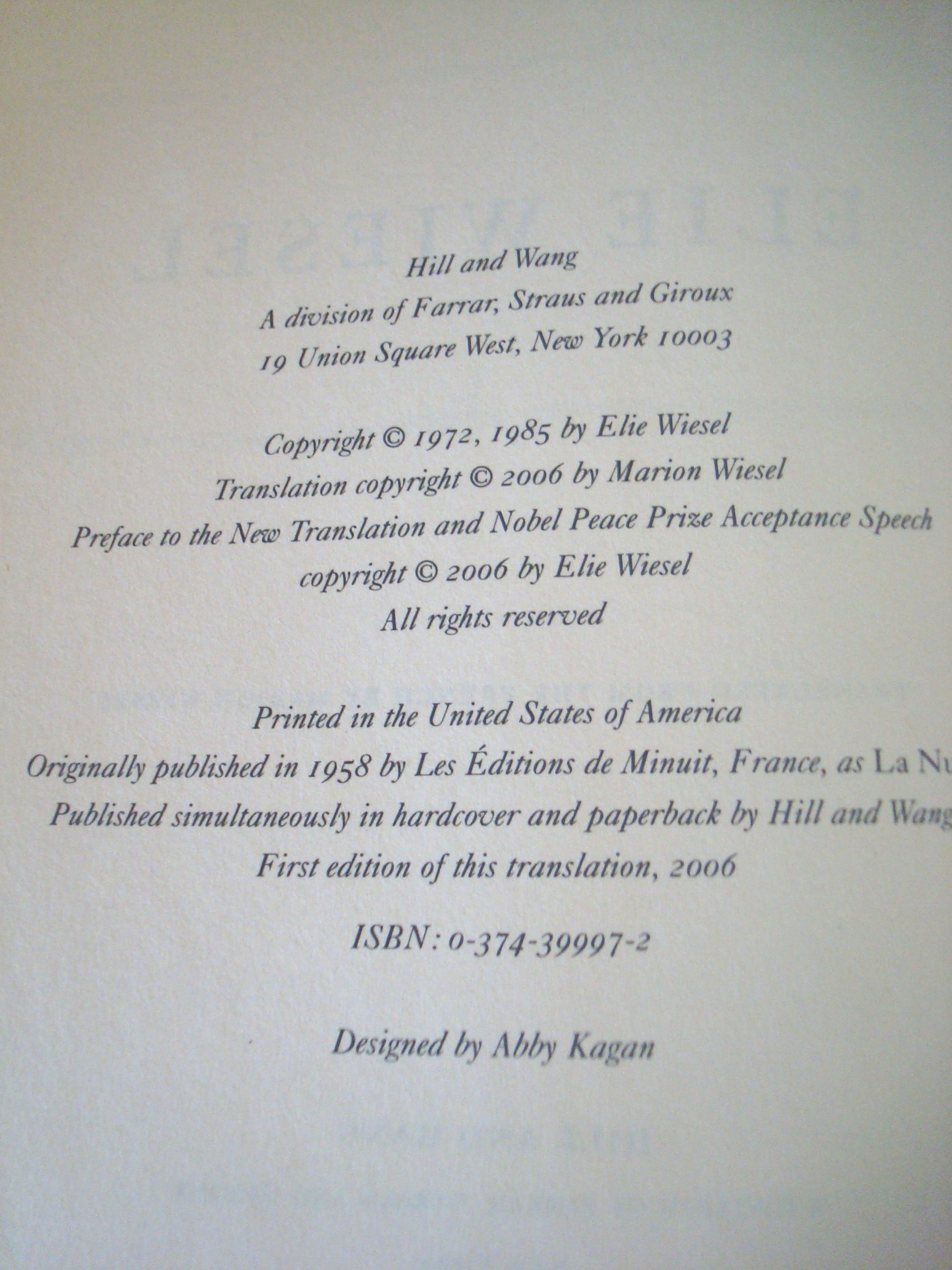 Night by Elie Wiesel translated by Marion Wiesel | Hardcover | 2006 ...