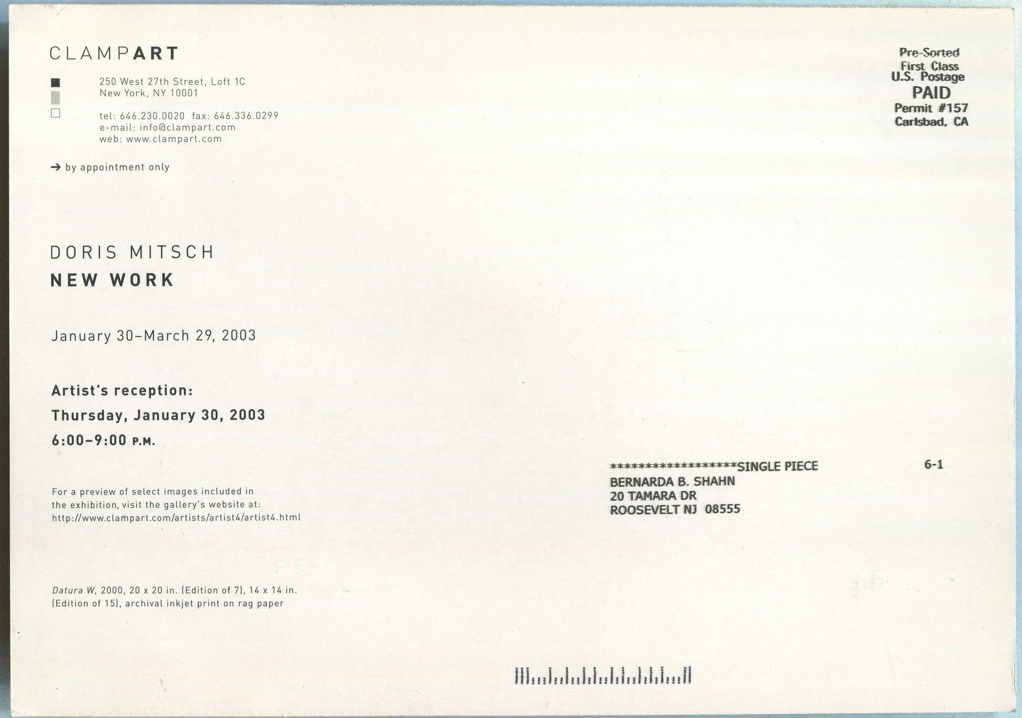 [Exhibition Invitation]: Doris Mitsch: New Work, Clampart, January 30 ...