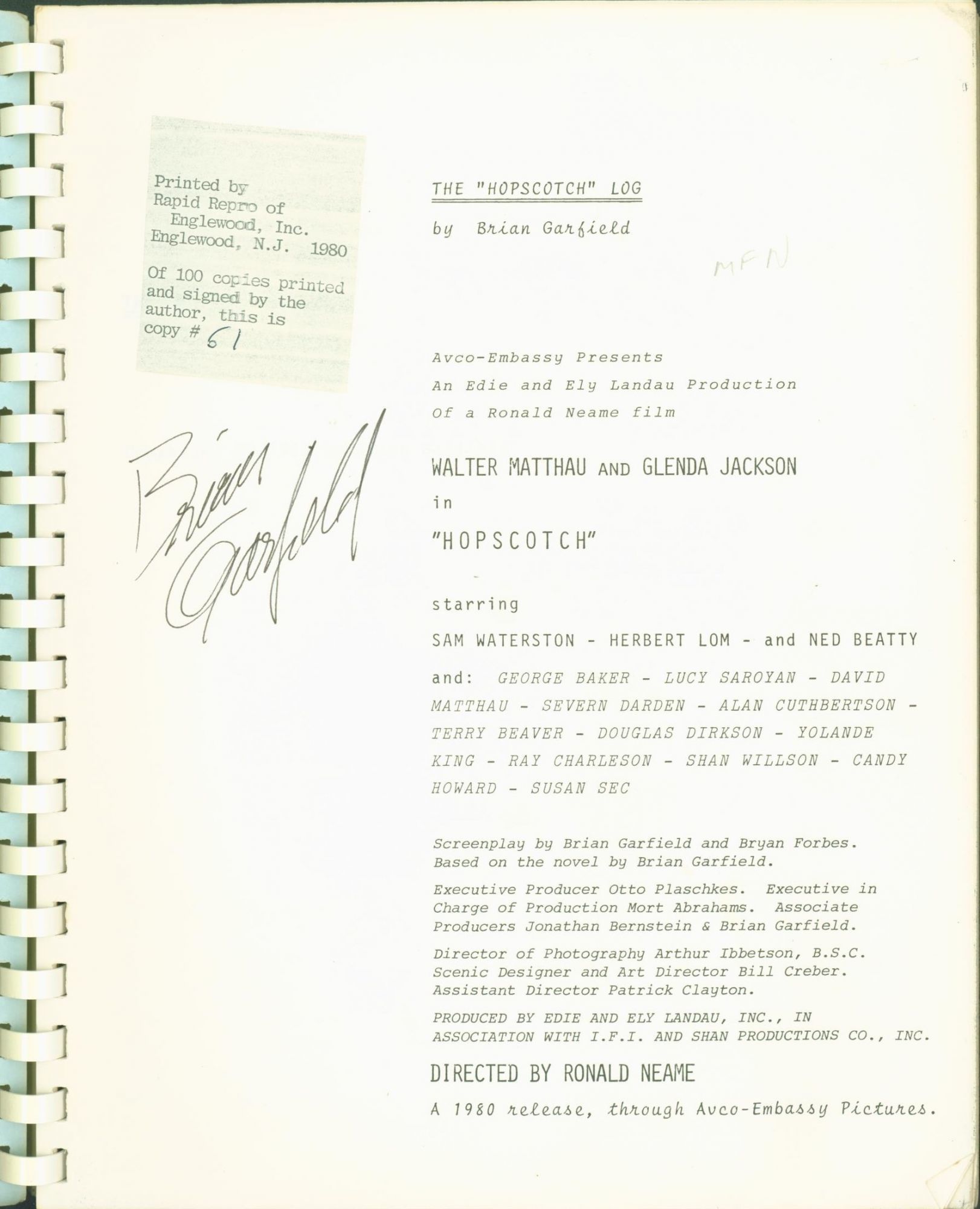 The 'Hopscotch' Log (filmscript) by Garfield, Brian | Trade Paperback ...