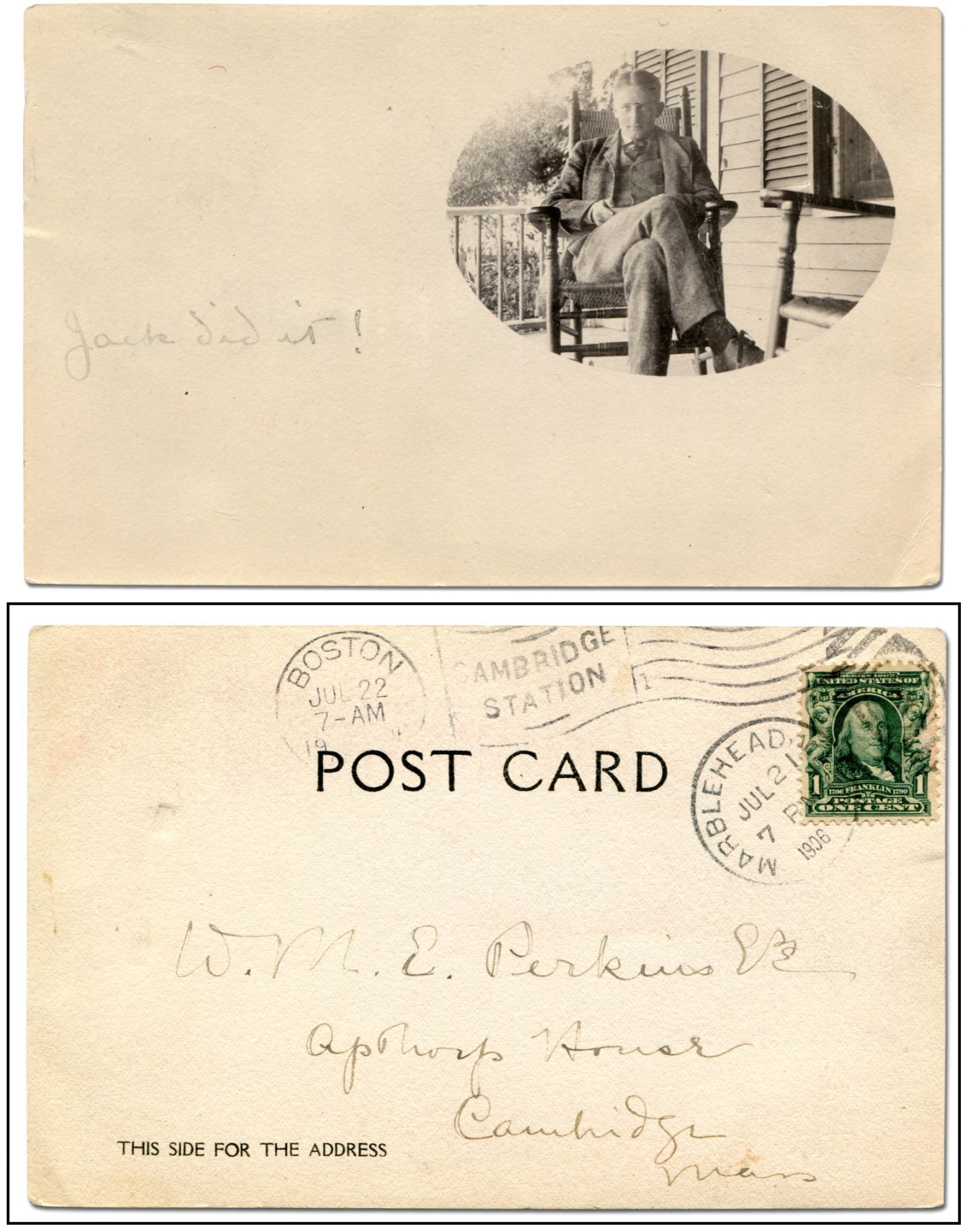 Real Photo Postcard of a young Maxwell Perkins, addressed to himself by ...