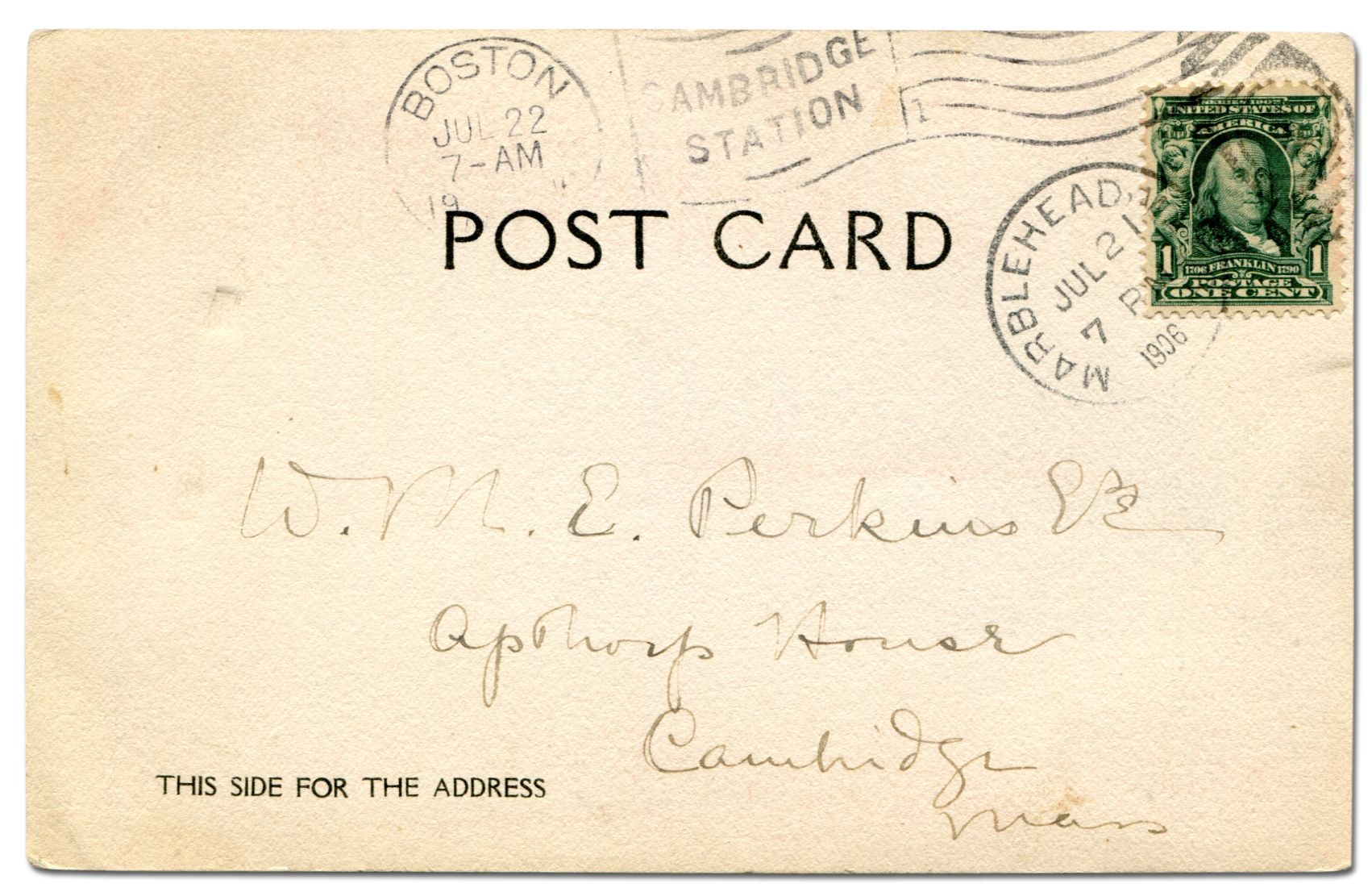 Real Photo Postcard of a young Maxwell Perkins, addressed to himself by ...