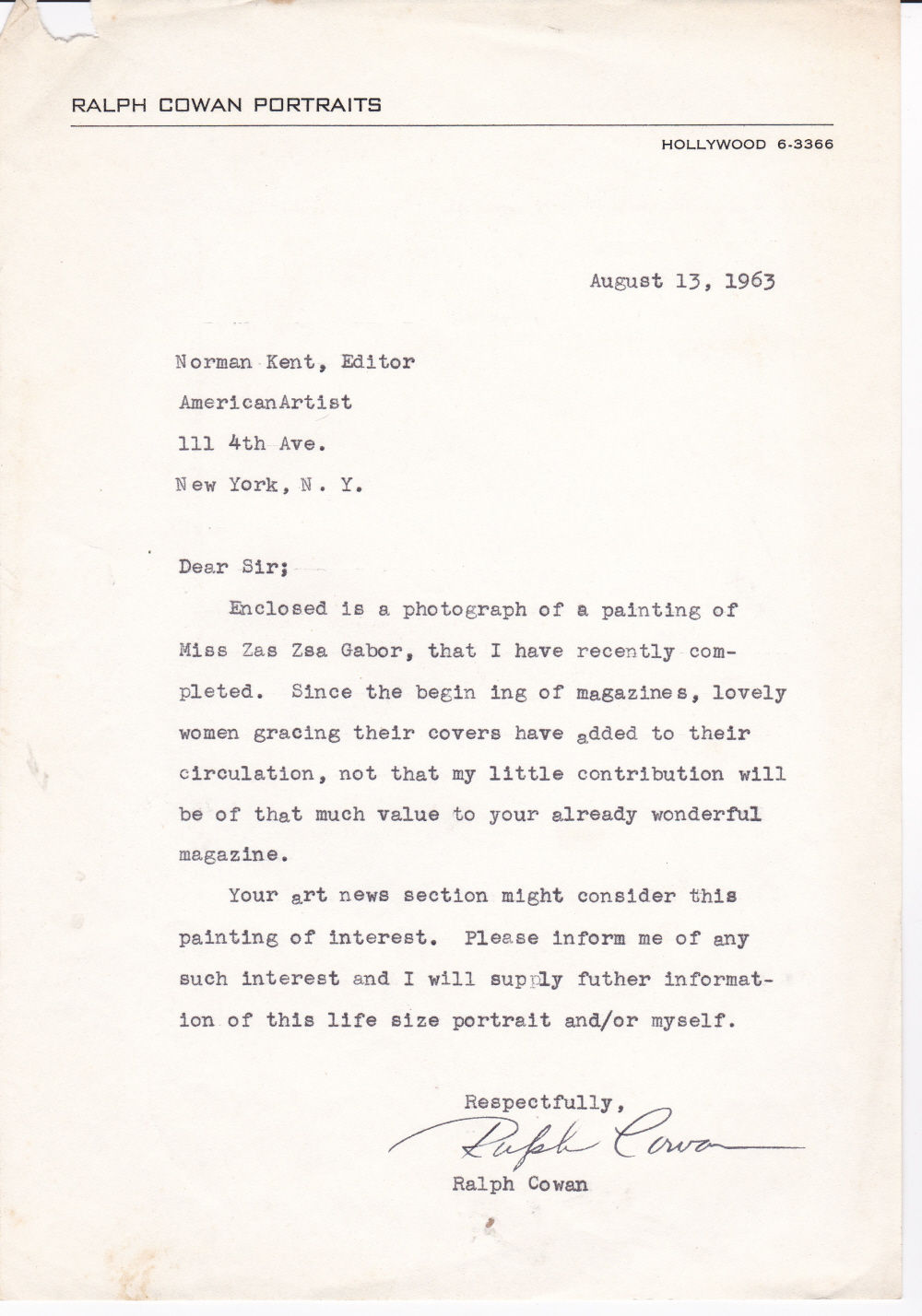 TYPED LETTER SOLICITING AN ARTICLE IN AMERICAN ARTIST MAGAZINE SIGNED ...