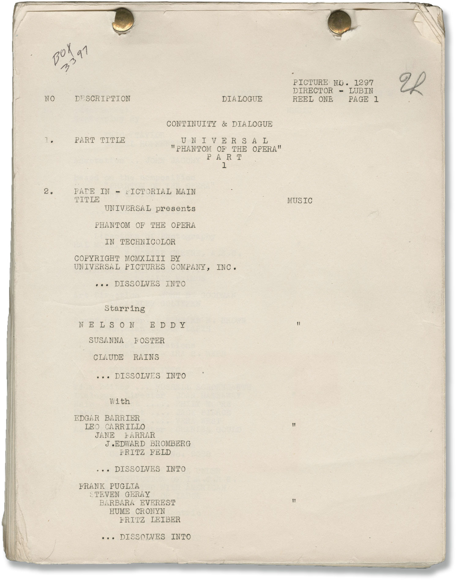 [The] Phantom of the Opera (Original post-production screenplay for the 1943 film) by Arthur ...