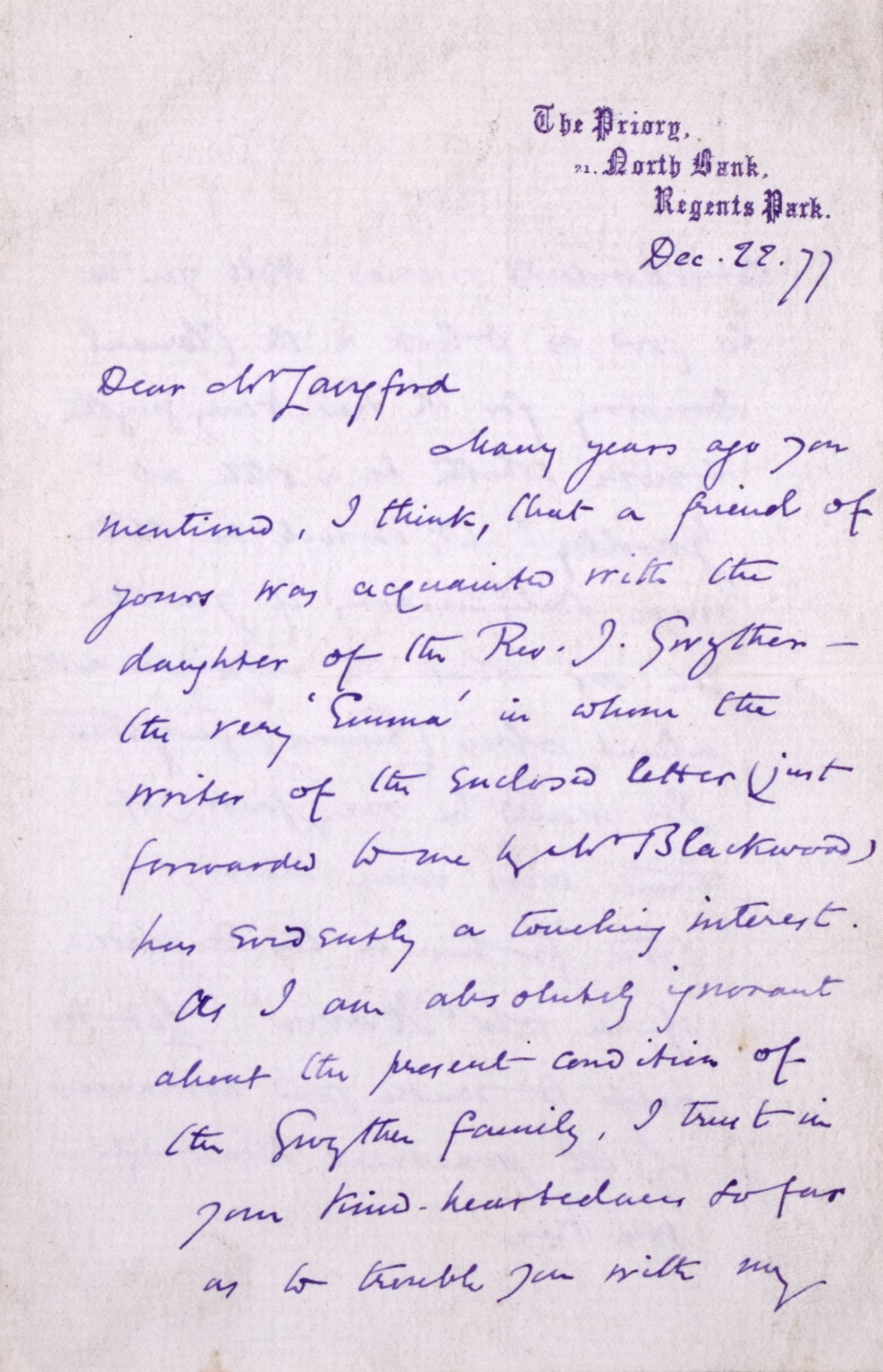 Autograph Letter, signed "ME Lewes" to [Joseph Munt] Langford by Eliot ...
