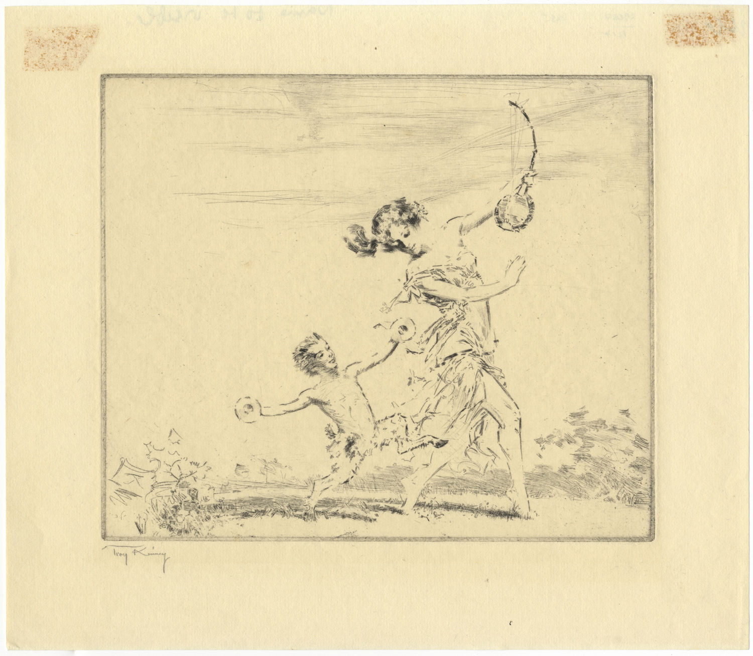 Original etching depicting a dancer holding a stringed instrument with ...