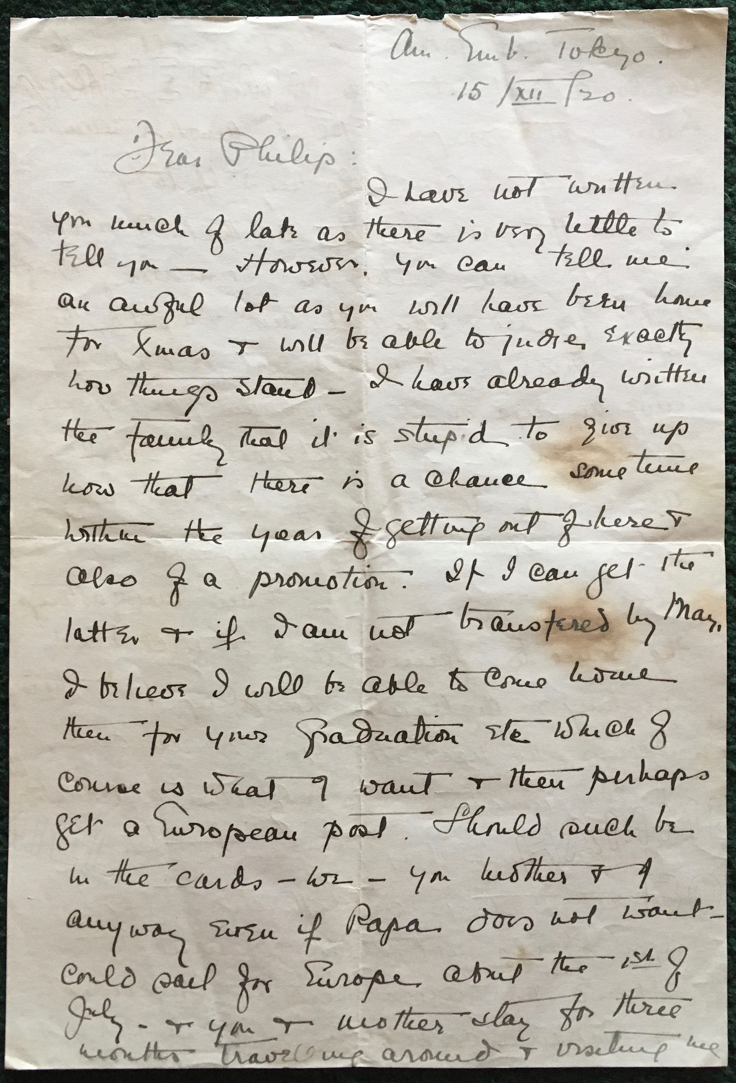 Letter from Embassy in Tokyo 1920 by Myron Arms Hofer | 1920 | Biblio