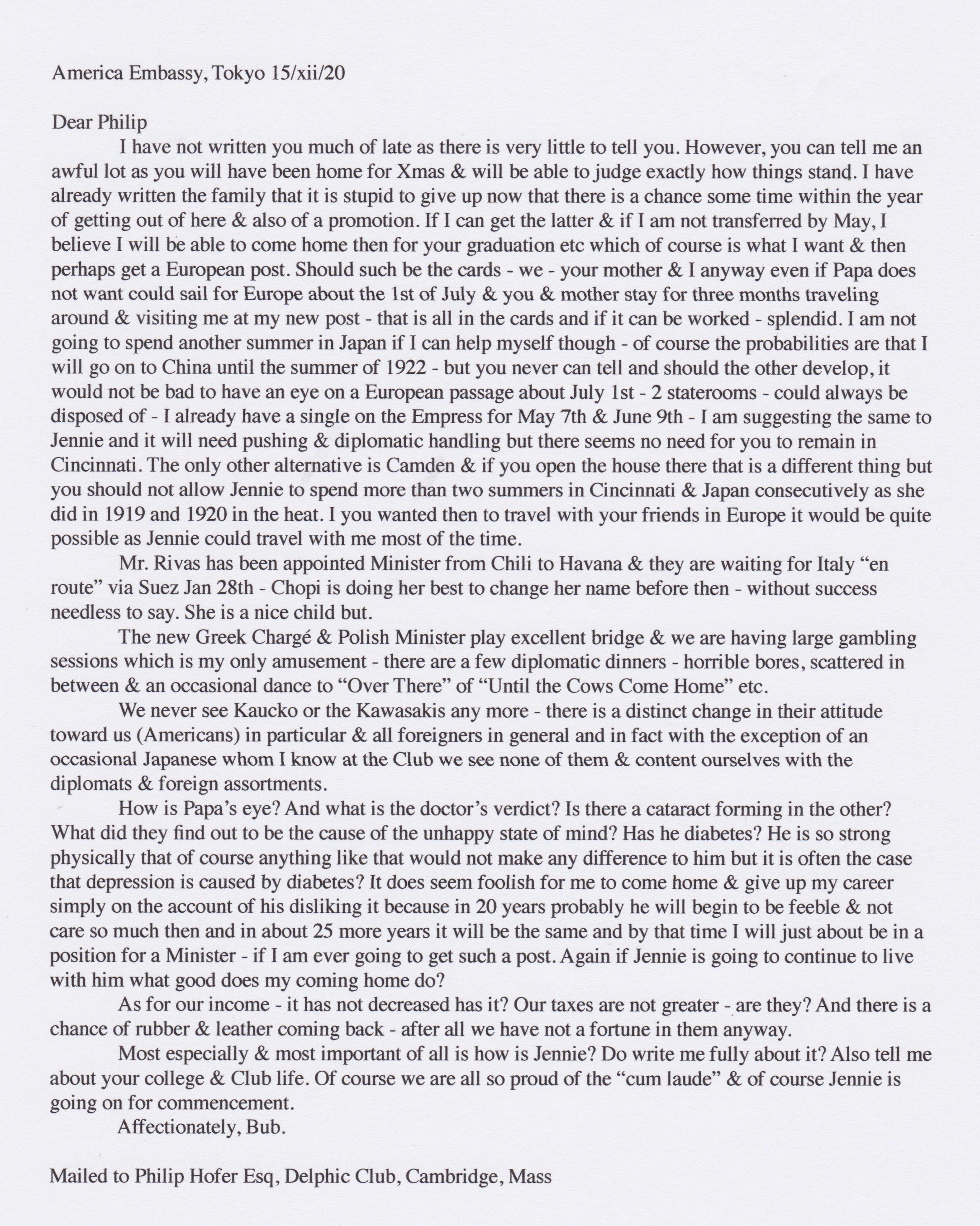 Letter from Embassy in Tokyo 1920 by Myron Arms Hofer | 1920 | Biblio