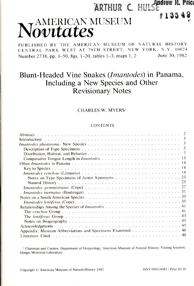 Blunt-Headed Vine Snakes (Imantodes) in Panama, Including a New Species ...