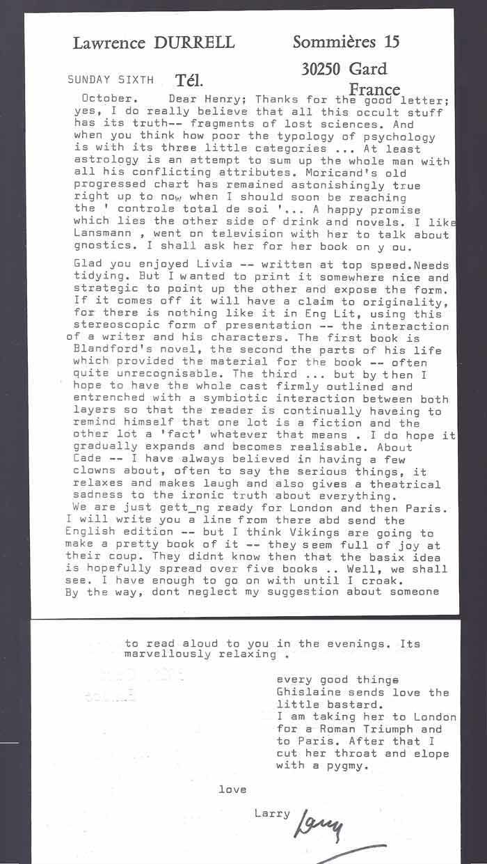 BIBLIO | 13 TLS, 1 ALS FROM LAURENCE DURRELL TO HENRY MILLER, 1975-1979 ...