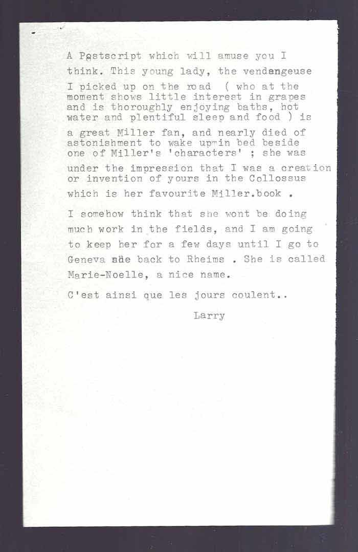 BIBLIO | 13 TLS, 1 ALS FROM LAURENCE DURRELL TO HENRY MILLER, 1975-1979 ...