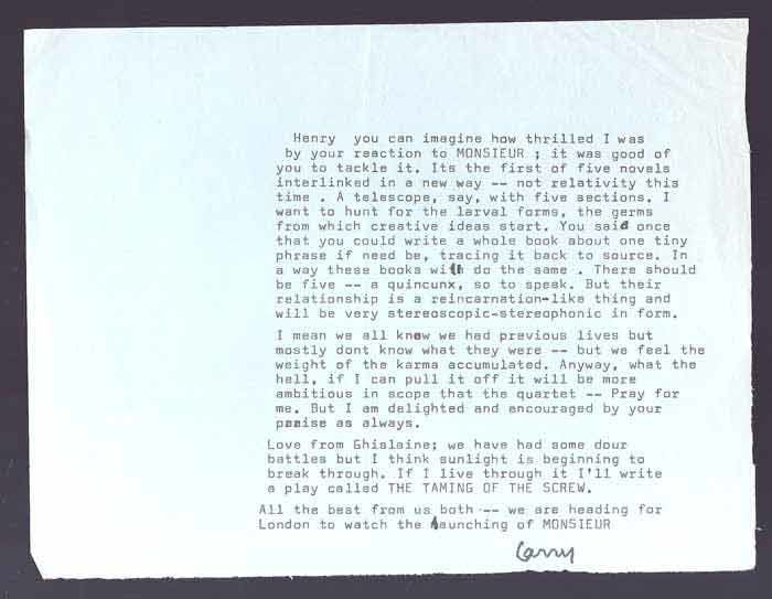 BIBLIO | 13 TLS, 1 ALS FROM LAURENCE DURRELL TO HENRY MILLER, 1975-1979 ...