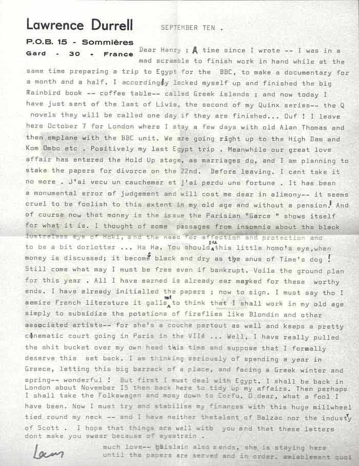 BIBLIO | 13 TLS, 1 ALS FROM LAURENCE DURRELL TO HENRY MILLER, 1975-1979 ...