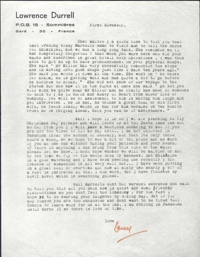 BIBLIO | 13 TLS, 1 ALS FROM LAURENCE DURRELL TO HENRY MILLER, 1975-1979 ...