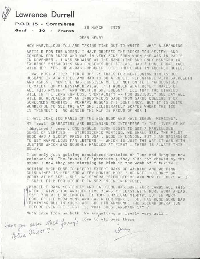 BIBLIO | 13 TLS, 1 ALS FROM LAURENCE DURRELL TO HENRY MILLER, 1975-1979 ...