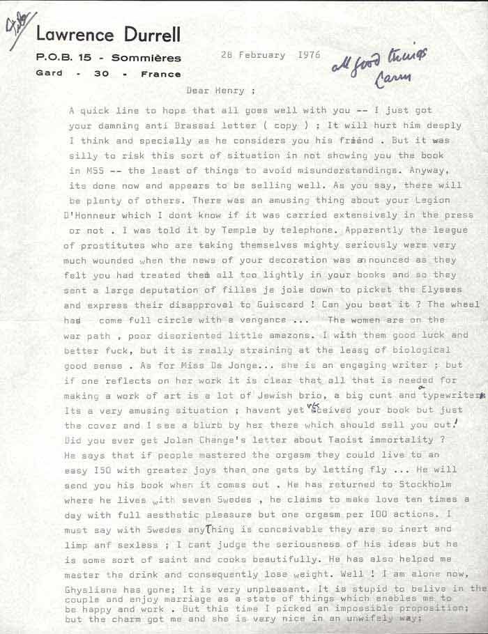 BIBLIO | 13 TLS, 1 ALS FROM LAURENCE DURRELL TO HENRY MILLER, 1975-1979 ...