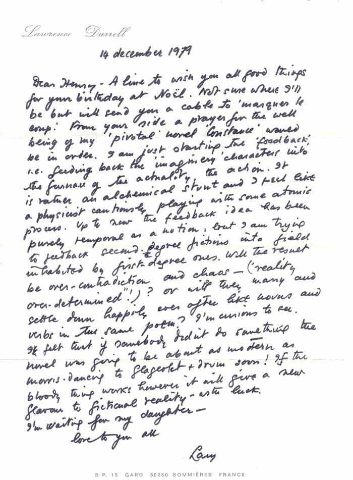 BIBLIO | 13 TLS, 1 ALS FROM LAURENCE DURRELL TO HENRY MILLER, 1975-1979 ...