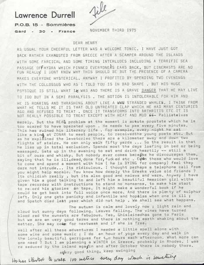 BIBLIO | 13 TLS, 1 ALS FROM LAURENCE DURRELL TO HENRY MILLER, 1975-1979 ...