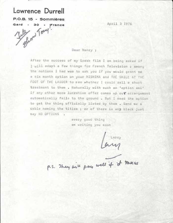 BIBLIO | 13 TLS, 1 ALS FROM LAURENCE DURRELL TO HENRY MILLER, 1975-1979 ...