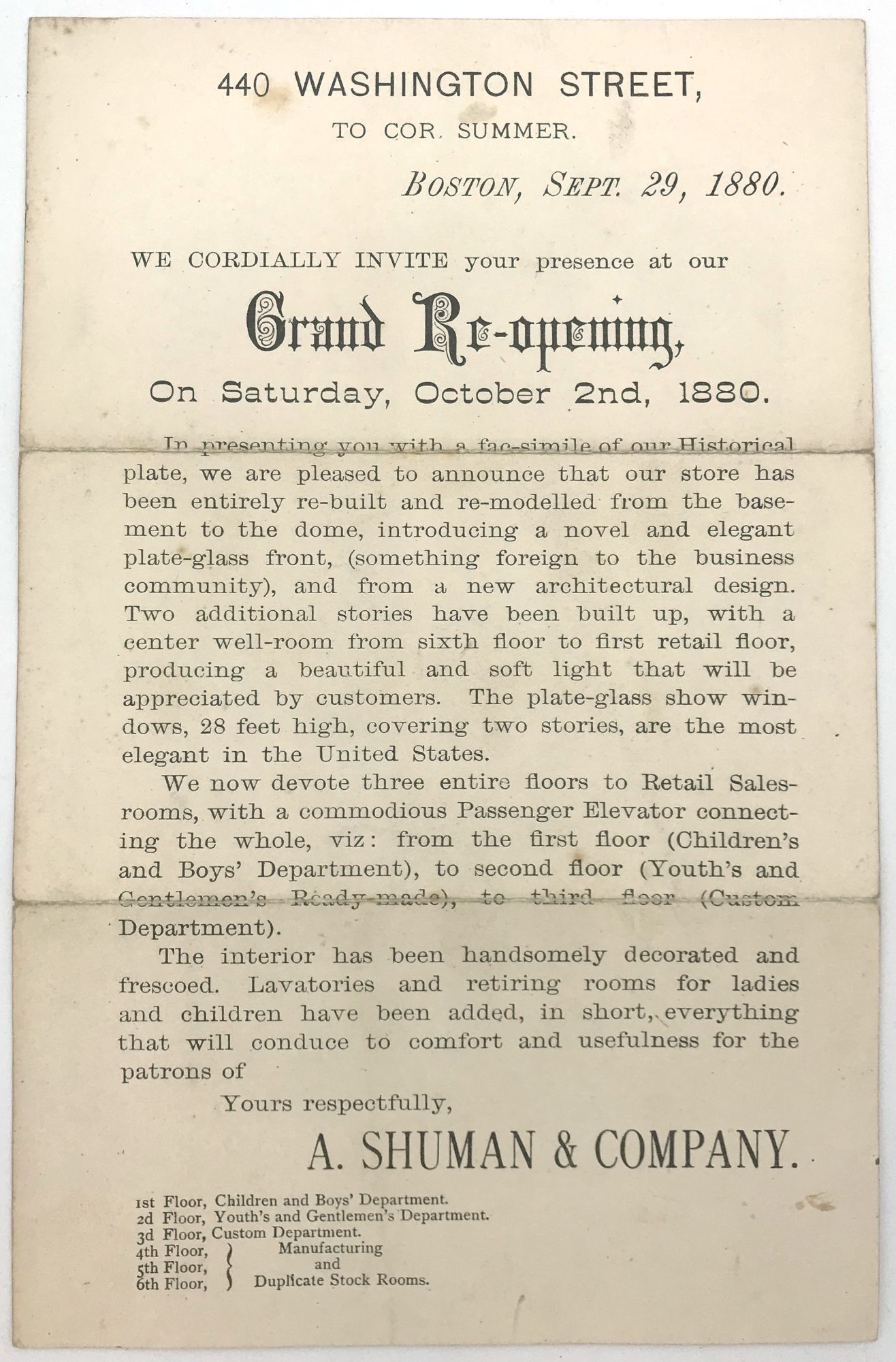 Handbill Advertising the Grand Re-Opening of Boston Department Store A ...