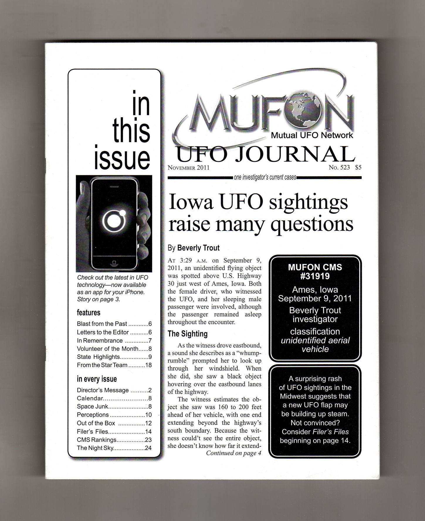 MUFON UFO Journal / November, 2011. Ames, Iowa Sightings; MUFON iPhone ...