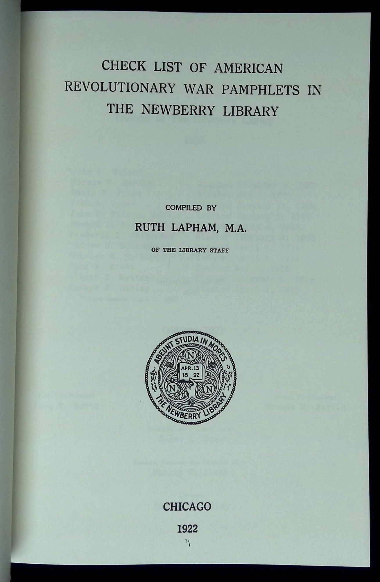 Check List of American Revolutionary War Pamphlets in the Newberry ...