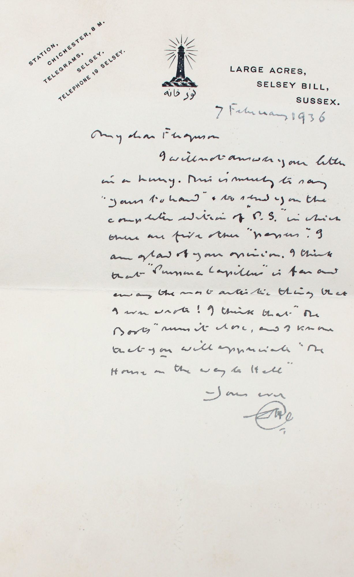 Autograph Letter, signed, 7 February 1936, to Allan Ferguson ...