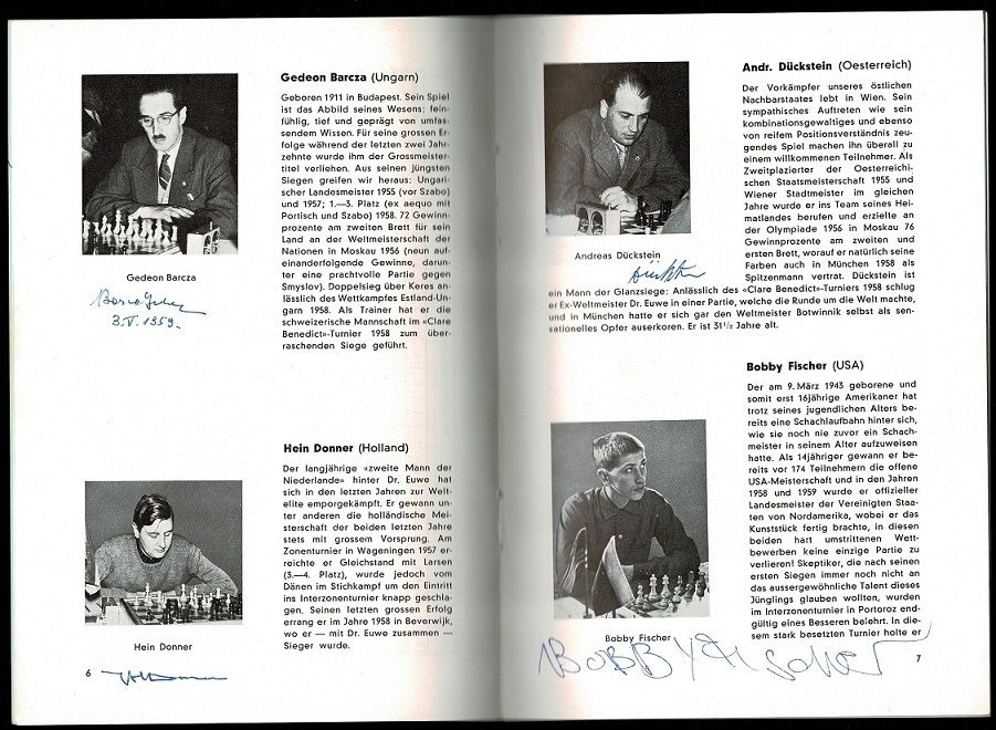 1959 Zurich Chess Tournament Program by Swiss Chess Federation signed ...