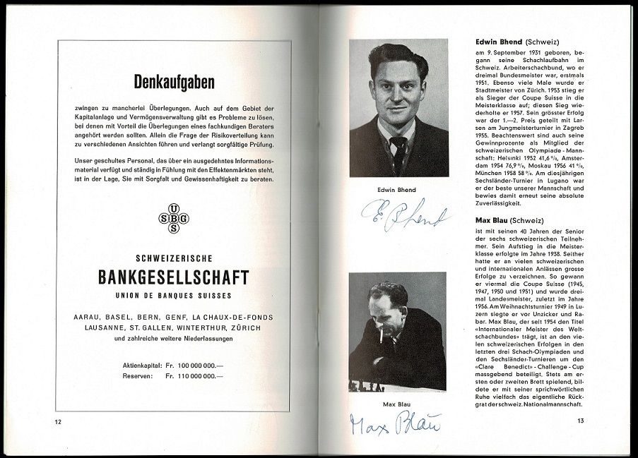 1959 Zurich Chess Tournament Program by Swiss Chess Federation signed ...
