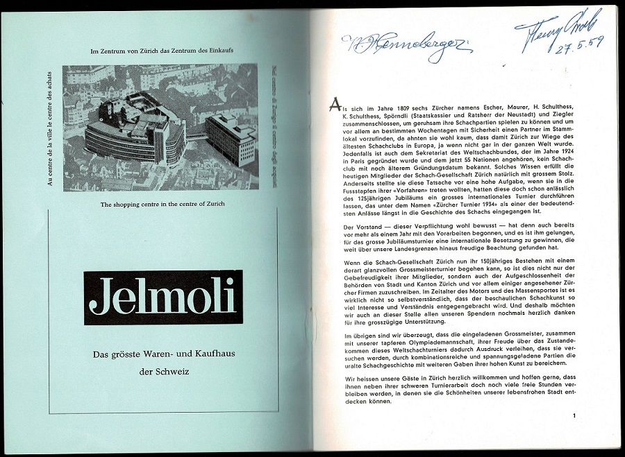 1959 Zurich Chess Tournament Program by Swiss Chess Federation signed ...