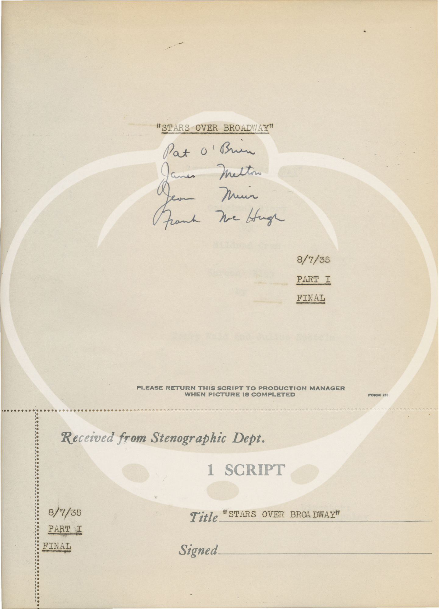 Stars Over Broadway (Original screenplay for the 1935 film ...