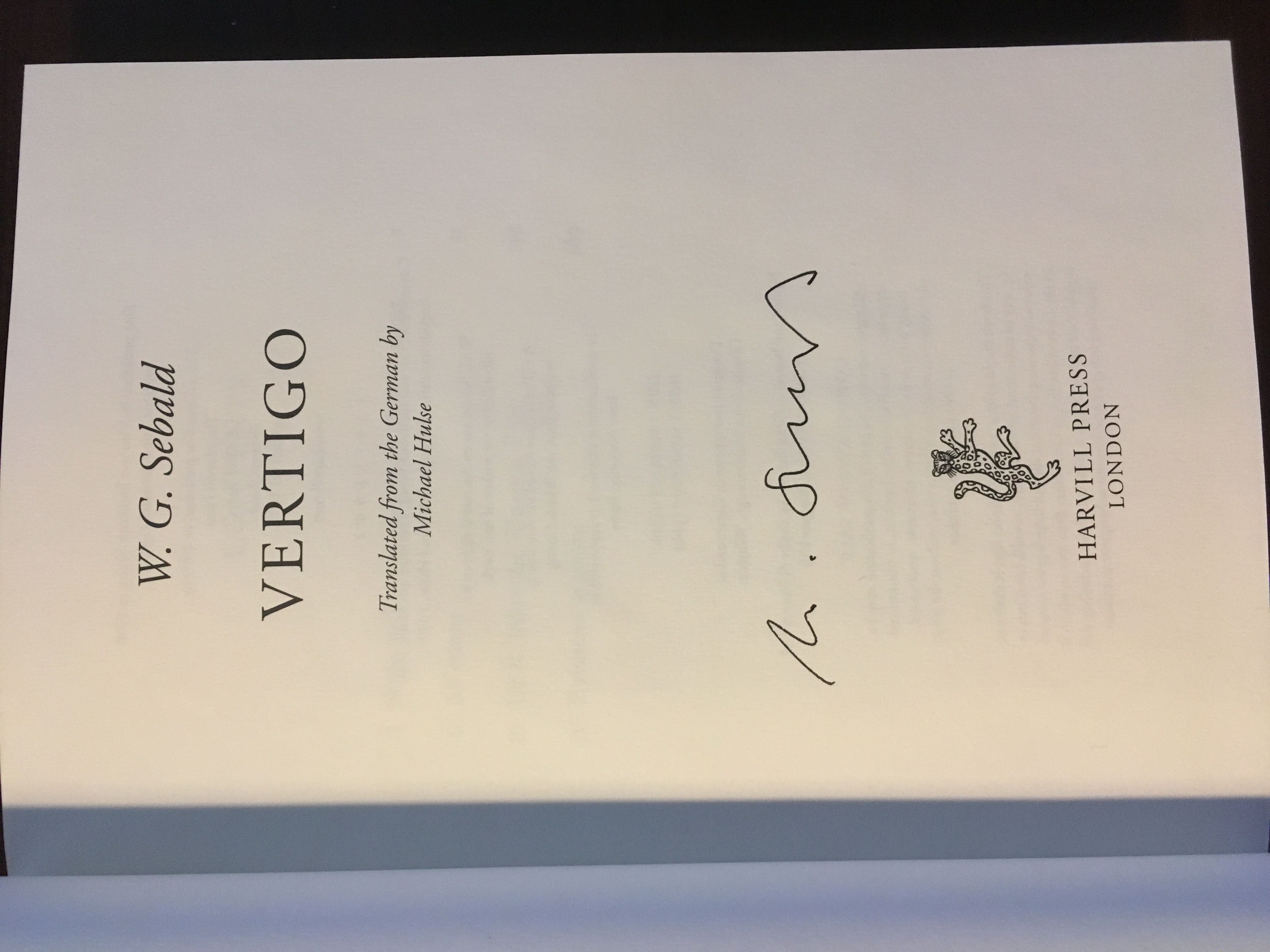 Vertigo (SIGNED) by W. G. Sebald - Signed First Edition - 1999 - from ...