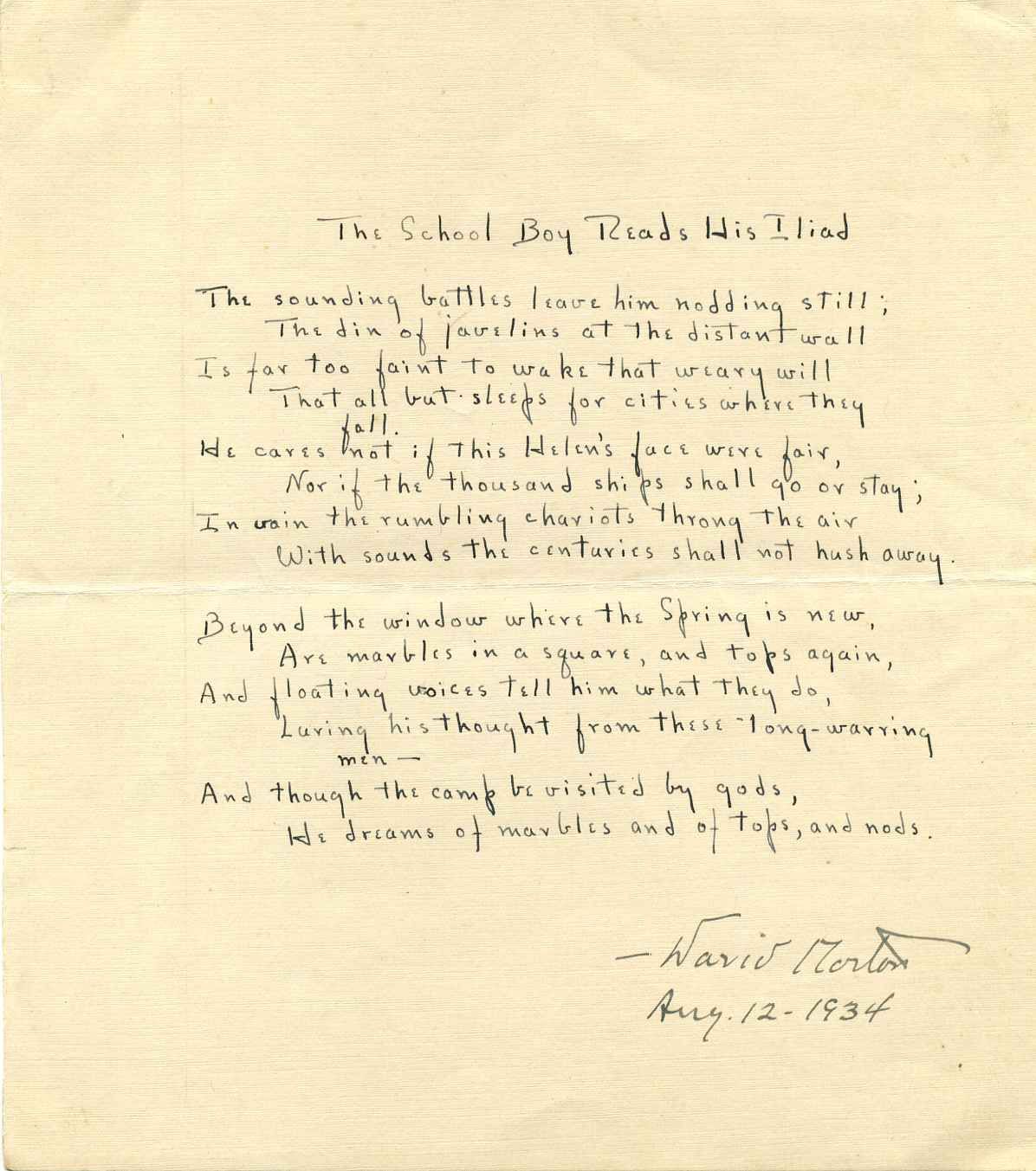 Poem Handwritten and Signed by David Morton. by David (1886 - 1957 ...