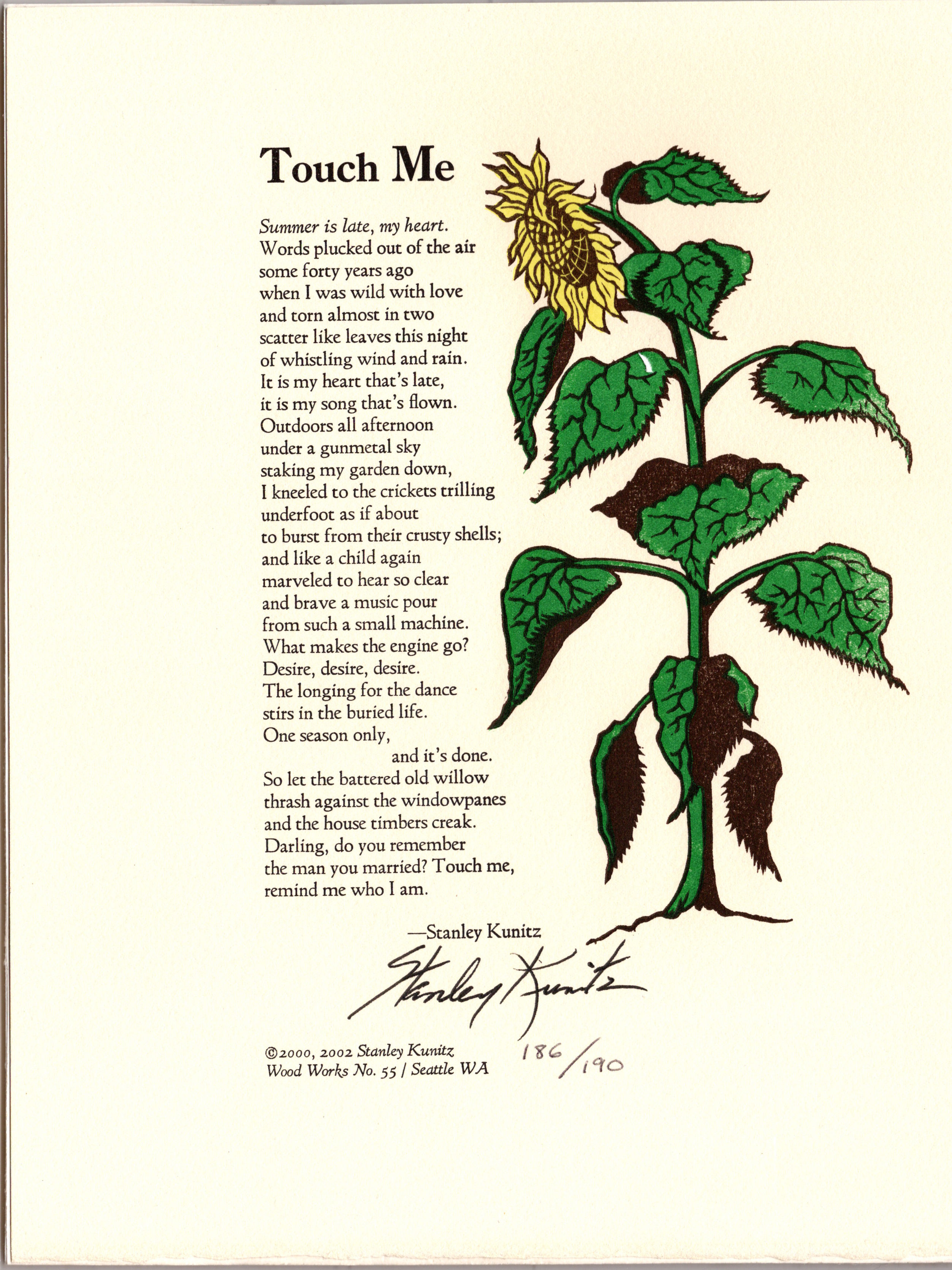 Touch Me. [Broadside]. by KUNITZ, Stanley | Letterpressed broadside ...
