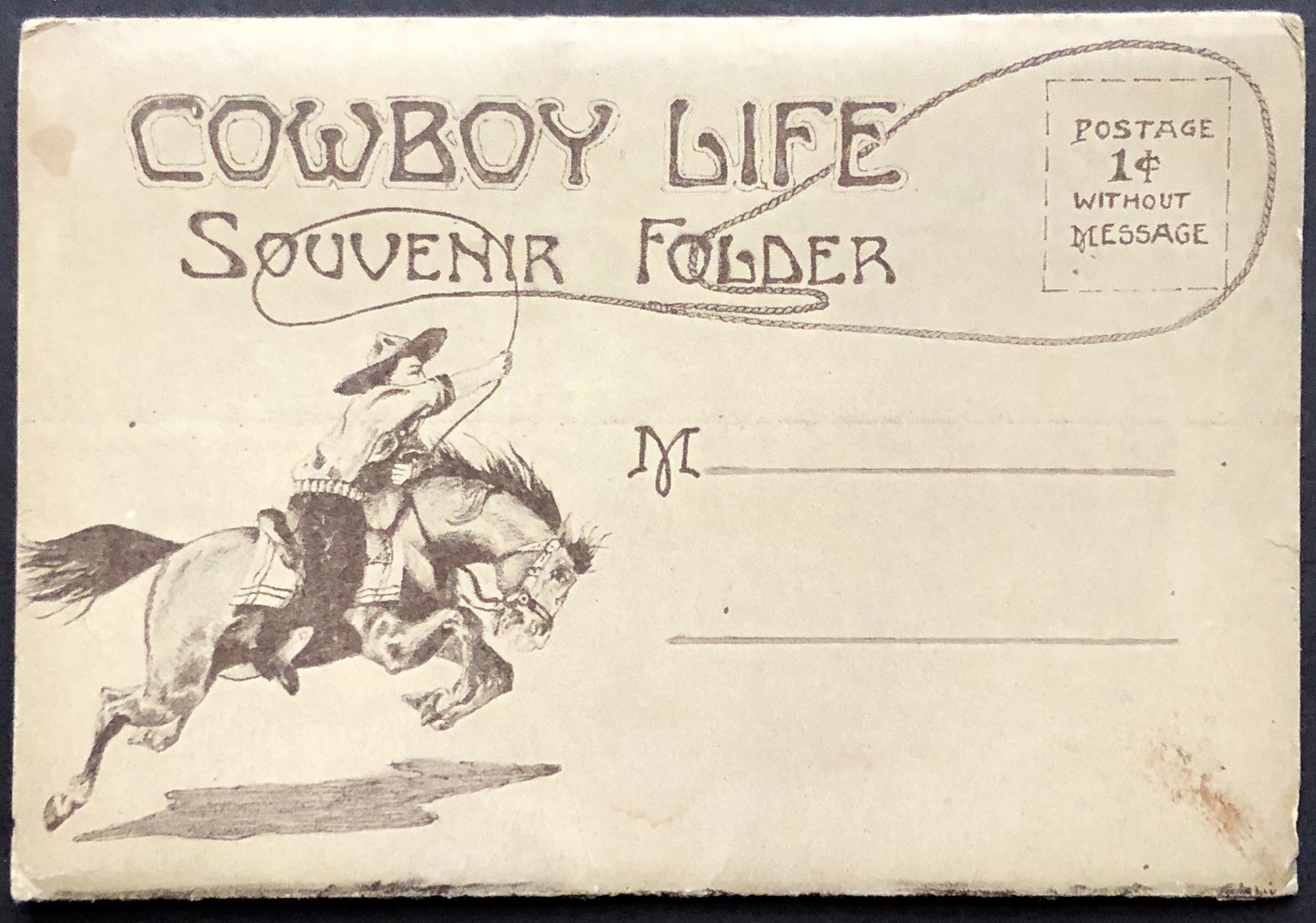 1907 Cowboy Life Souvenir Folder of accordion folding color postcard ...