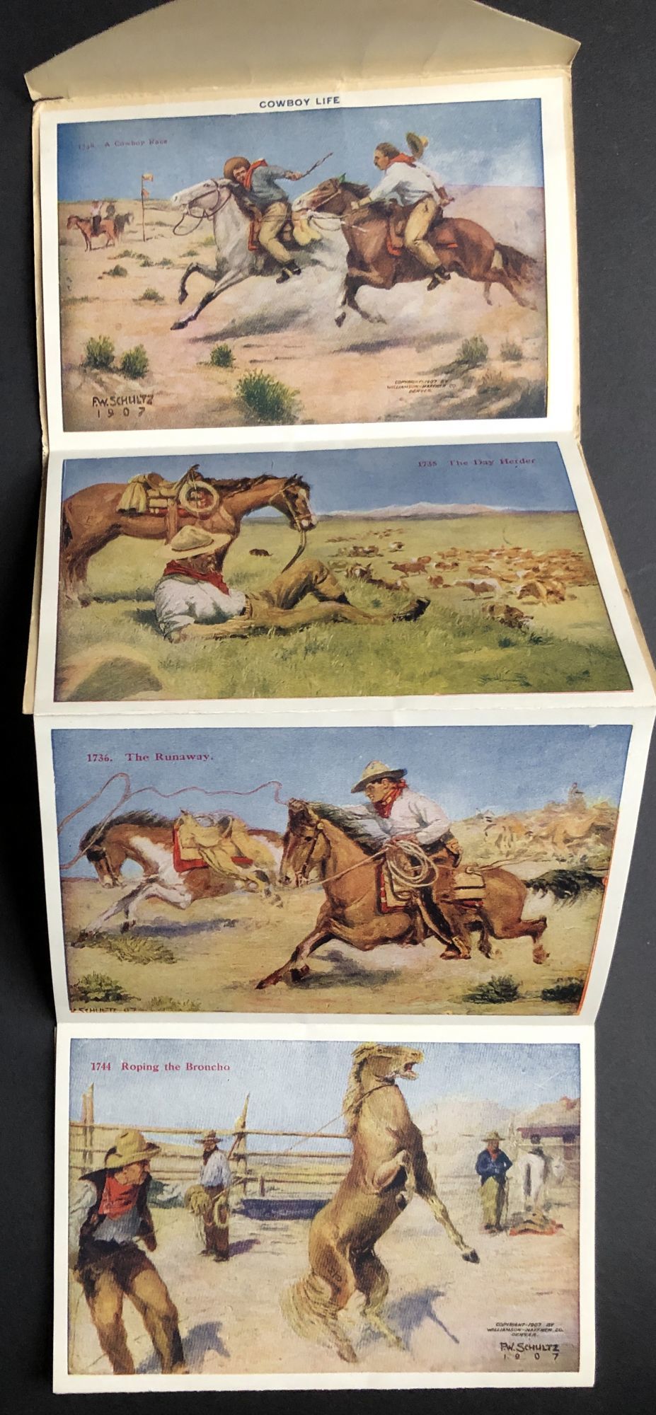 1907 Cowboy Life Souvenir Folder of accordion folding color postcard ...